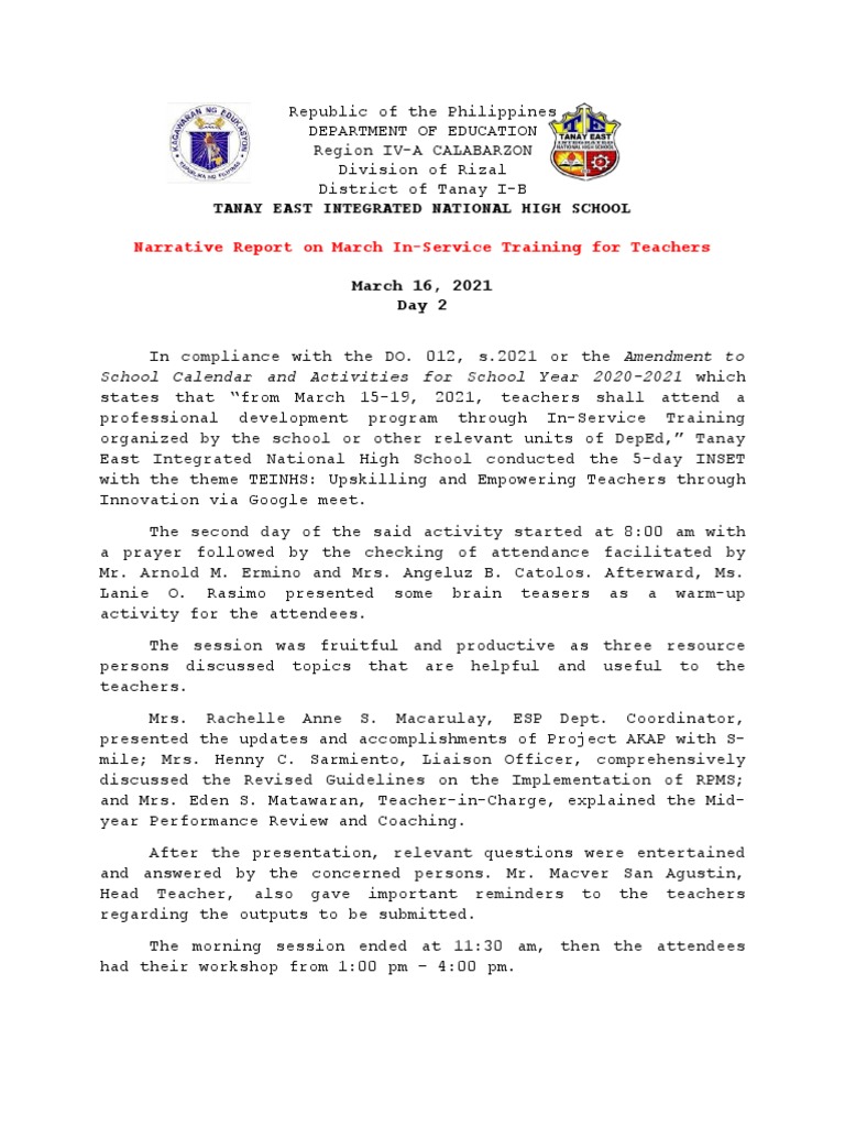 Narrative Report On March In-Service Training For Teachers: Tanay East ...