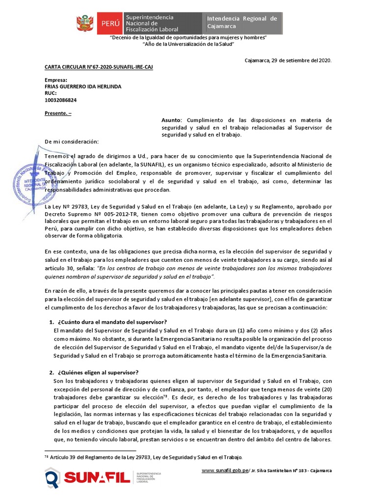 Carta - Circular - N°67 2020 Sunafil Ire Caj - I 37 | PDF | Elecciones ...