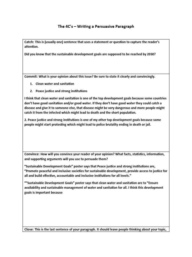 The 4C's - Writing A Persuasive Paragraph: Catch | PDF | Wash