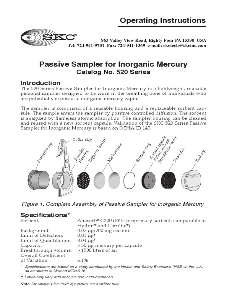 SKC HG Passive Sampler Instruction | PDF | Mercury (Element) | Diffusion