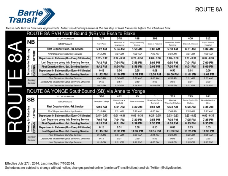 Route 8A RVH Northbound (NB) Via Essa To Blake | Download Free PDF ...