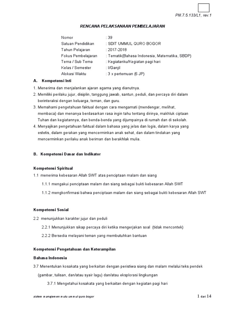 Contoh RPP Tematik Terpadu Kelas 1 | PDF