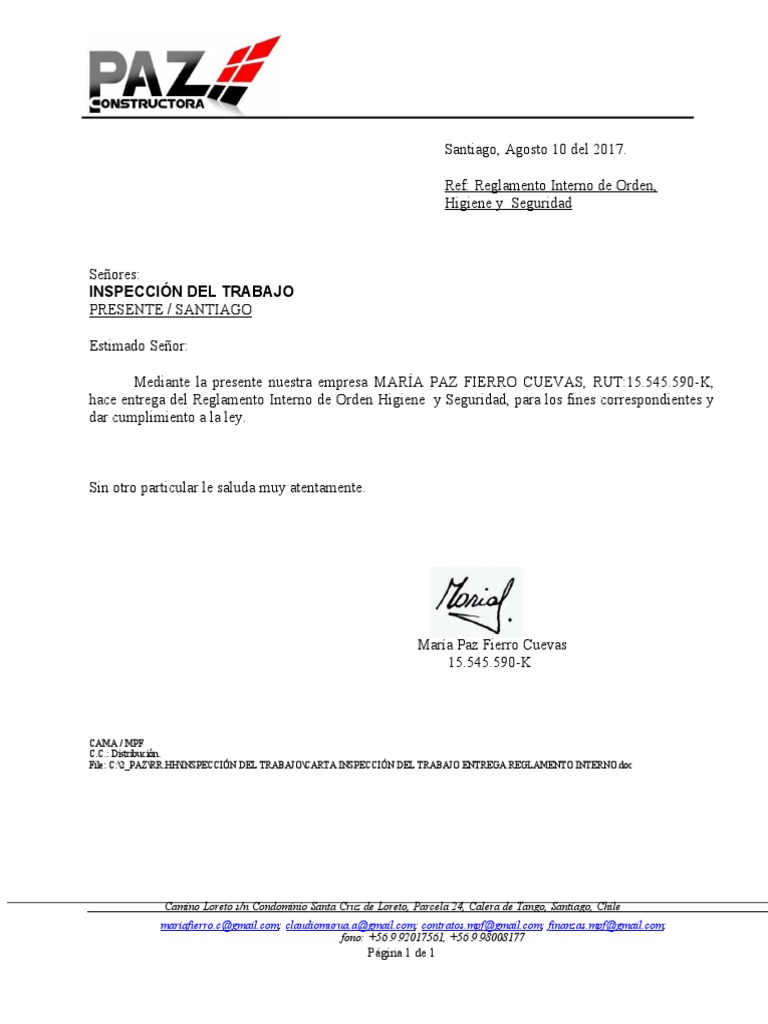 Carta Inspeccion Del Trabajo Entrega Reglamento Interno | PDF