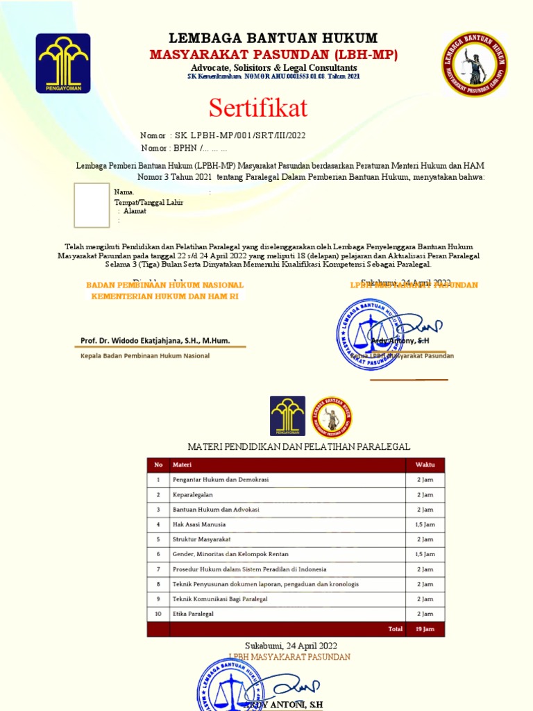 Sertifikat Diklat LBH MP Tete Print | PDF