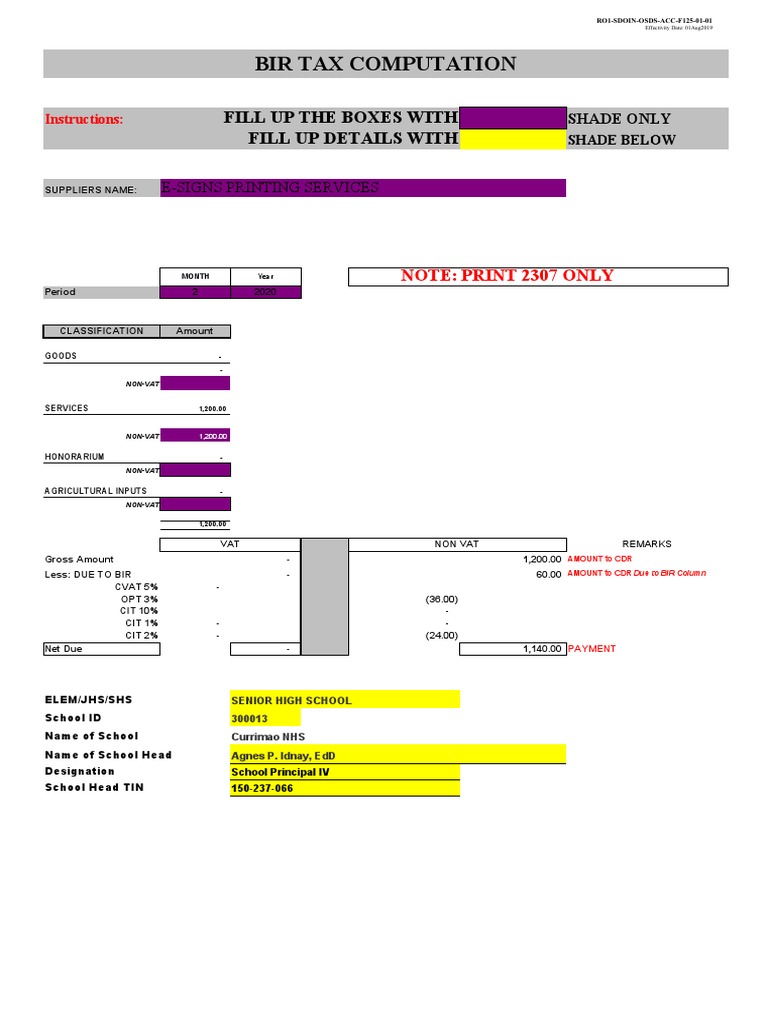 Bir Tax Computation: Fill Up The Boxes With Fill Up Details With | PDF ...