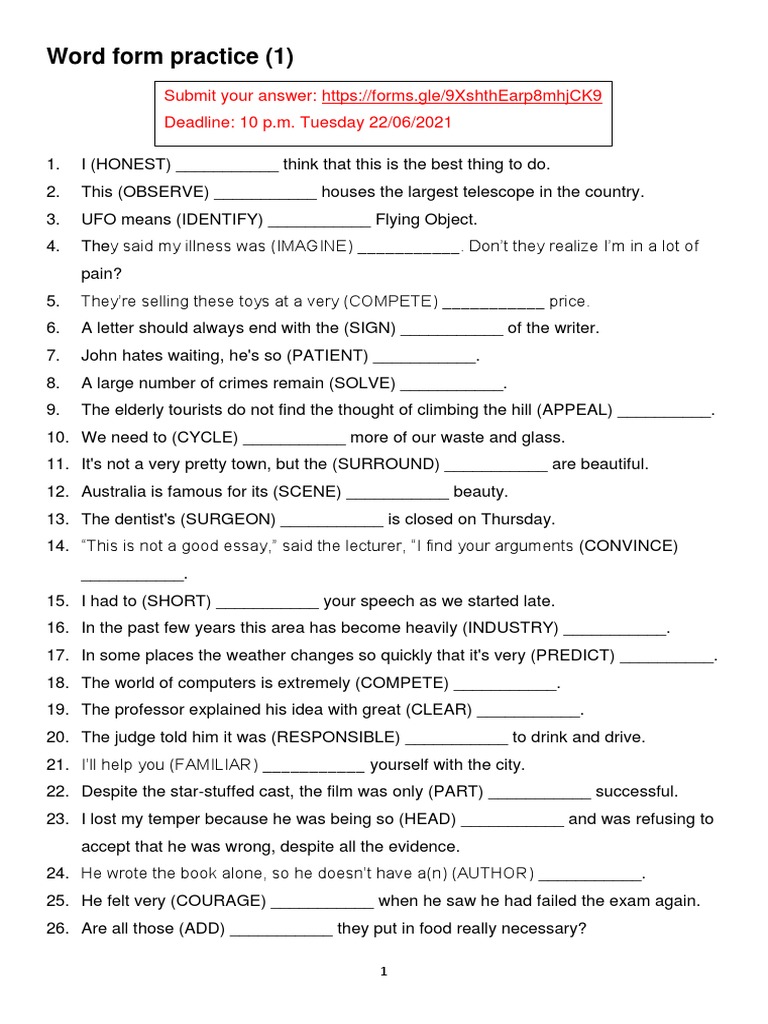 Word Form Practice Worksheet | PDF