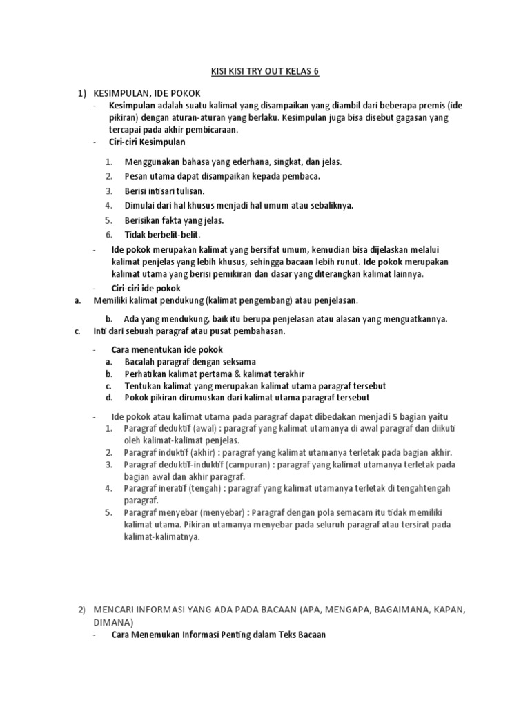 Kisi Kisi Try Out Kelas 6 Bahasa Indonesia | PDF