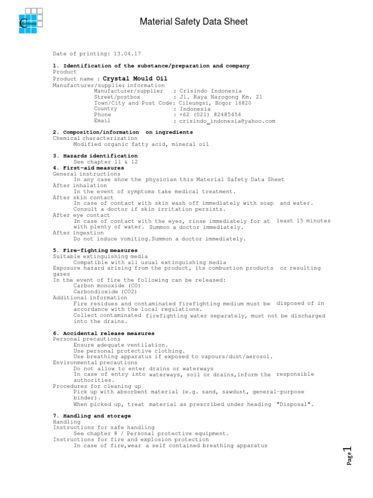 Crystal Mould Oil Safety Data | PDF | Dangerous Goods | Firefighting