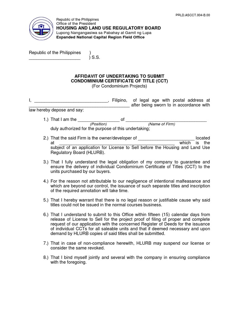 PRLD - ASCCT.004-B.00 - Affidavit To Submit CCT (Condo) | PDF
