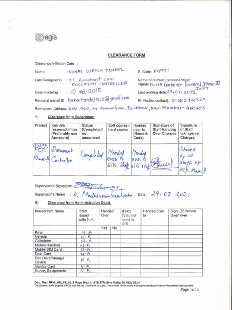 Kunal Tandel Clearance Form | PDF