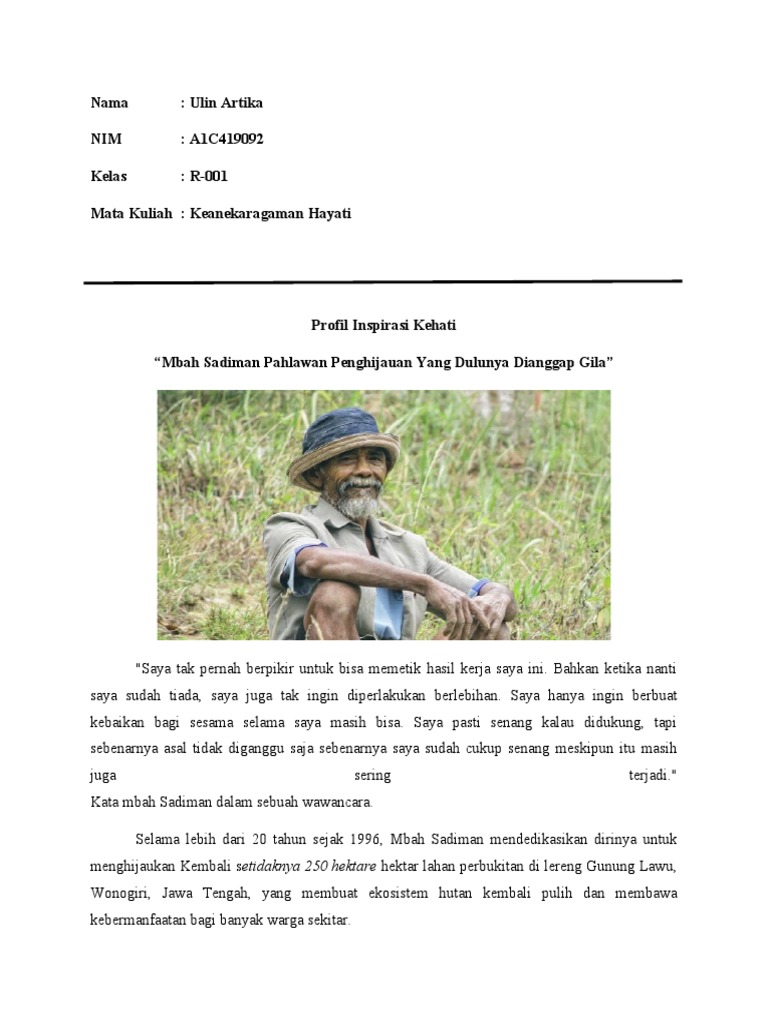 Ulin Artika Tentang Mbah Sadiman Pahlawan Penghijauan | PDF