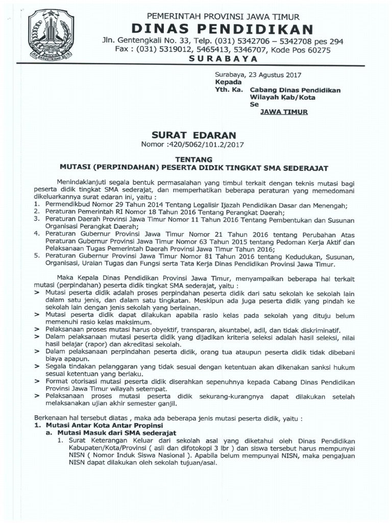 Surat Edaran Kepala Dinas Pendidikan Provinsi Jawa Timur Nomor 4205062101.22017 Tentang Mutasi ...