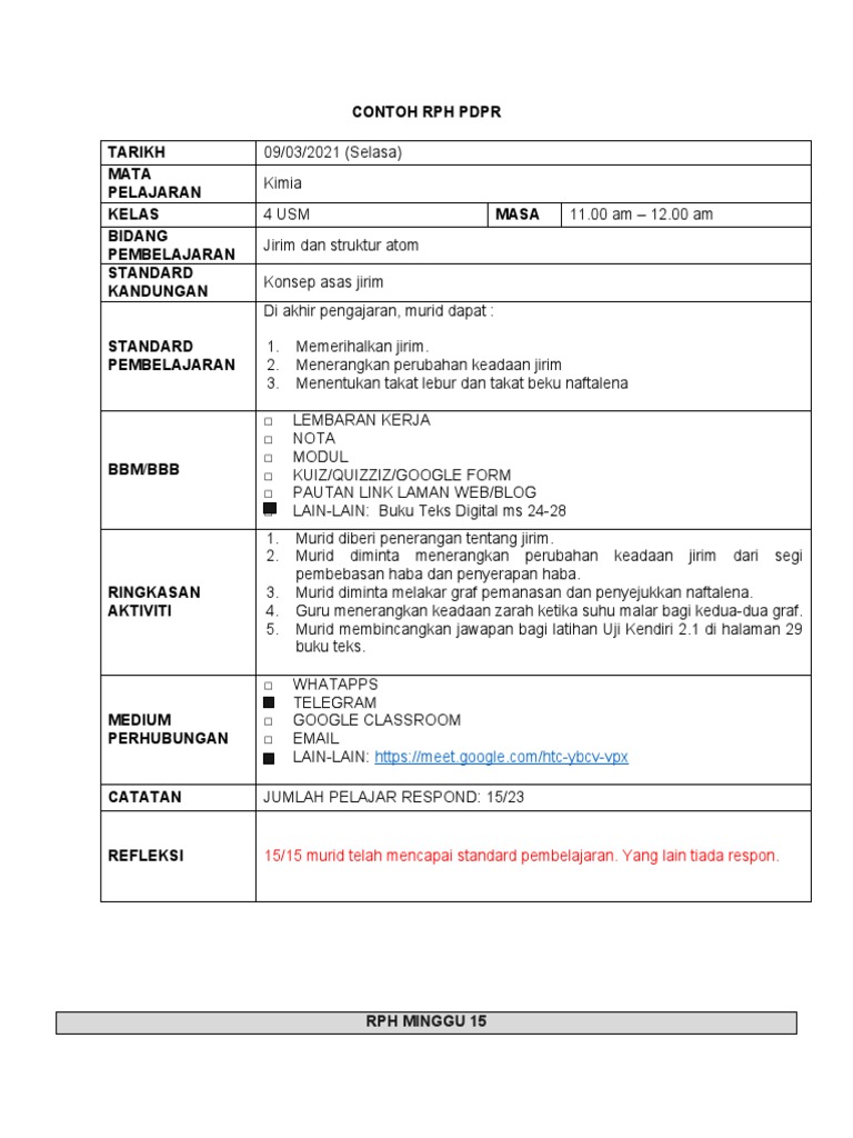 Contoh RPH PDPR Tarikh Mata Pelajaran Kelas Masa Bidang Pembelajaran ...