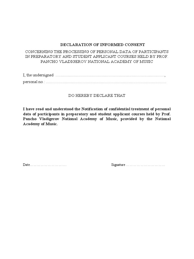 Declaration of Consent for Collection and Processing of Personal Data by Prof. Pancho Vladigerov ...