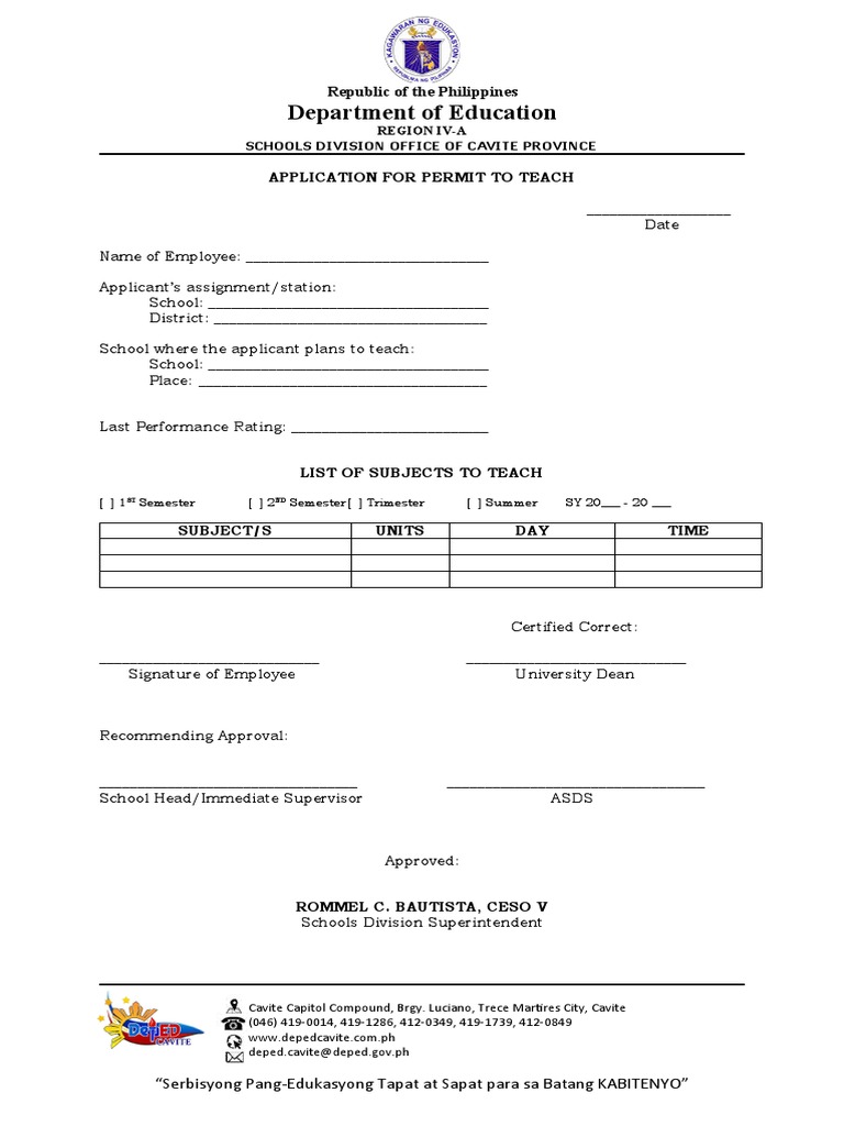 Cavite Teaching Permit Application Form | PDF