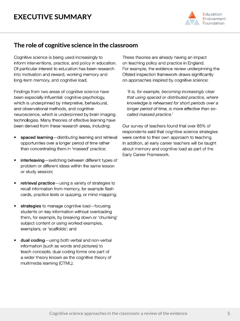 Cognitive Science Approaches In The Classroom A Review Of The