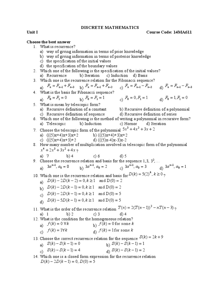 Discrete - Question Bank | PDF | Recurrence Relation | Mathematical Concepts