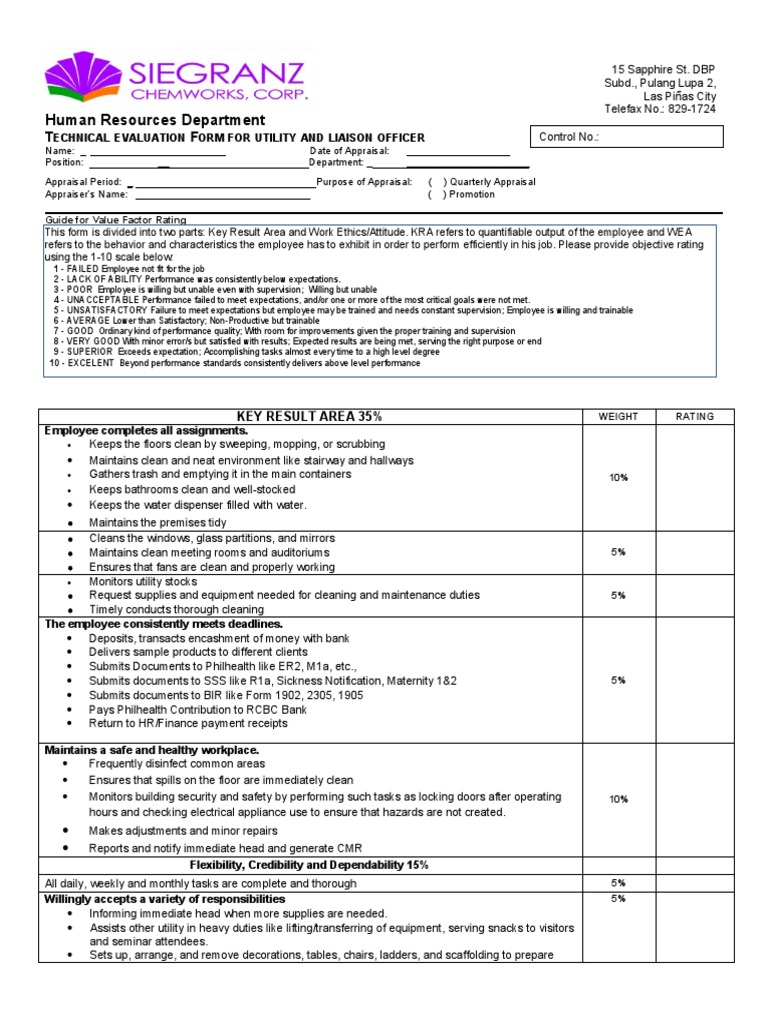 Technical Evaluation Form For Utility and Liaison Officer | Download ...