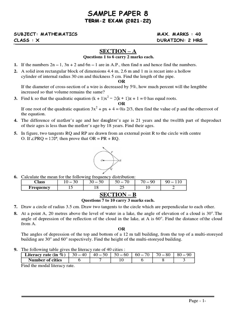 CL-10 Maths Term 2 Standard Sample Paper | PDF
