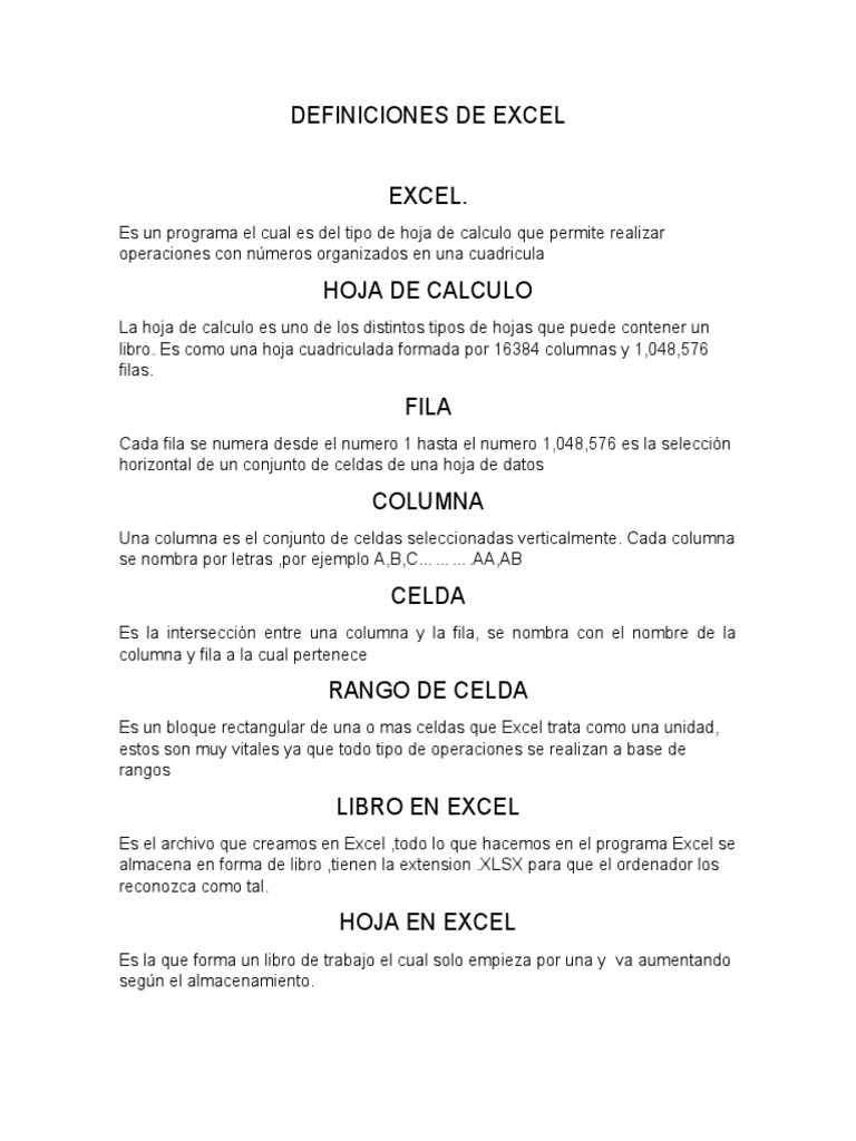 Definiciones de Excel | PDF | Microsoft Excel | Hoja de cálculo
