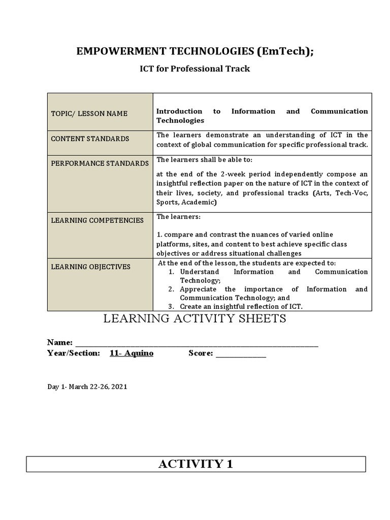Empowerment Technologies (Emtech) : Learning Activity Sheets | PDF ...