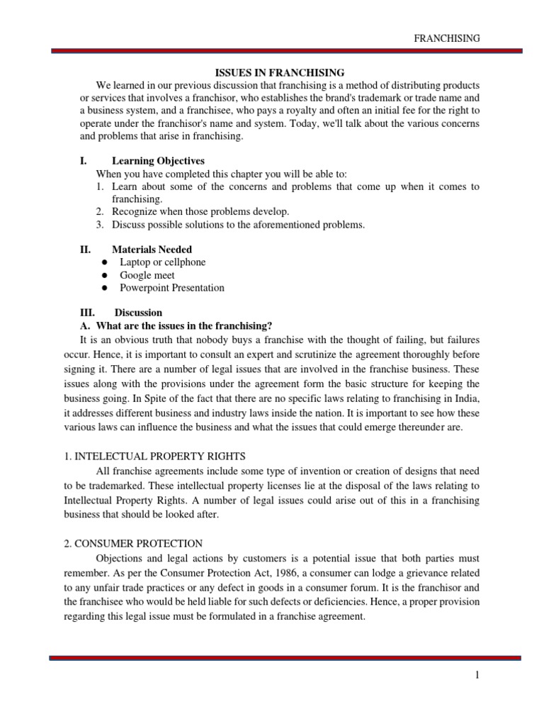 ISSUES IN FRANCHISING Group 4 Narrative Report | PDF | Franchising ...