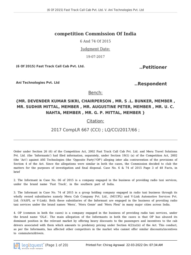 6 of 2015 Fast Track Call Cab PVT LTD V Ani Technologies PVT LTD | PDF ...