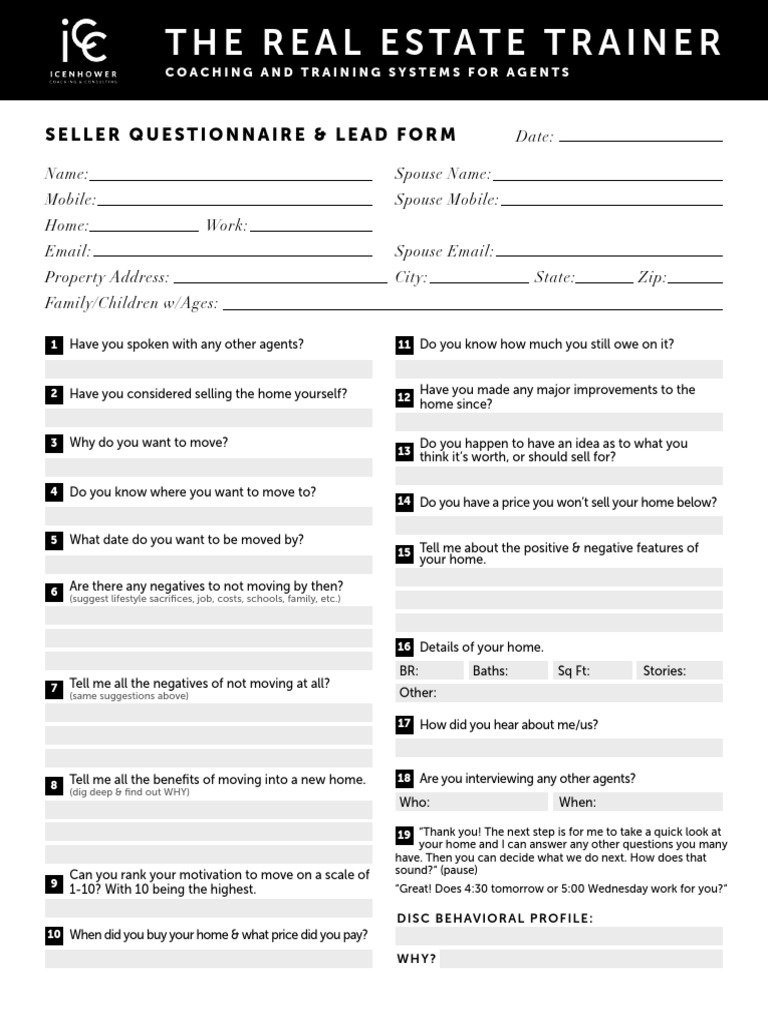 The Real Estate Trainer: Seller Questionnaire & Lead Form | PDF ...