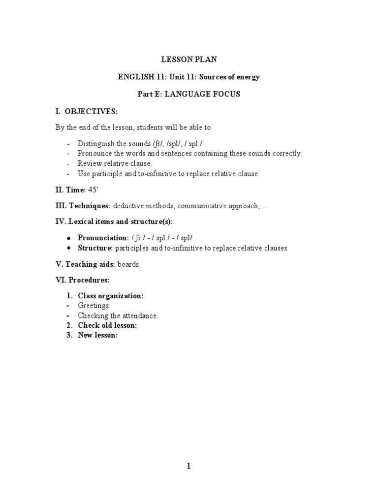 Lesson Plan U11 - Language Focus - E11 | PDF | Verb | Sentence (Linguistics)