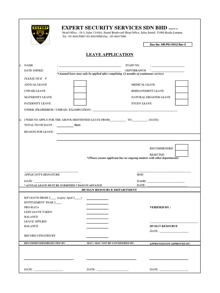 Expert Security Services SDN BHD: Leave Application | PDF