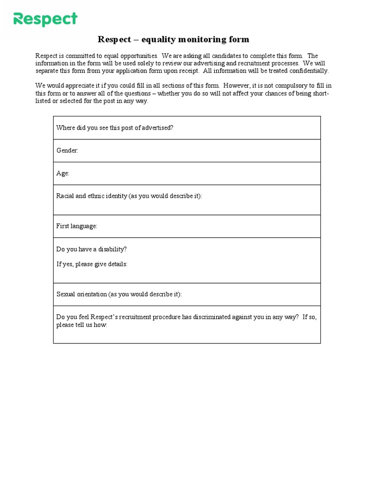 Respect - Equality Monitoring Form | PDF
