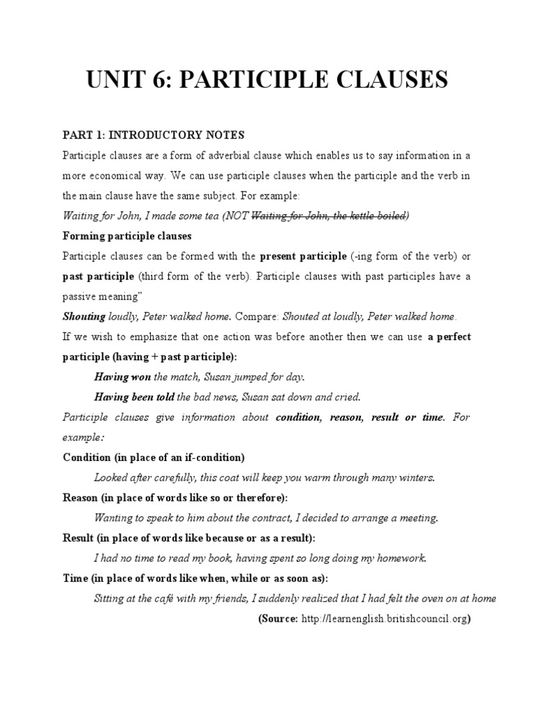Unit 6 - Participle Clauses | PDF | Verb