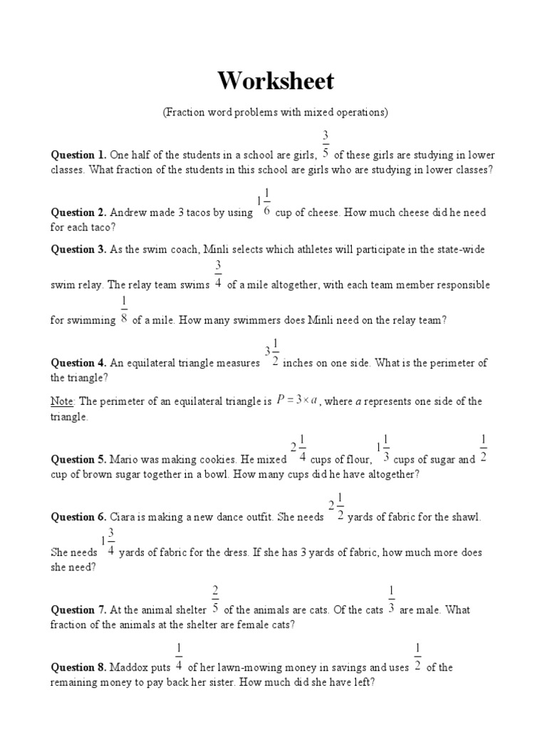 Worksheet 3 (Fraction Word Problems With Mixed Operations) | PDF