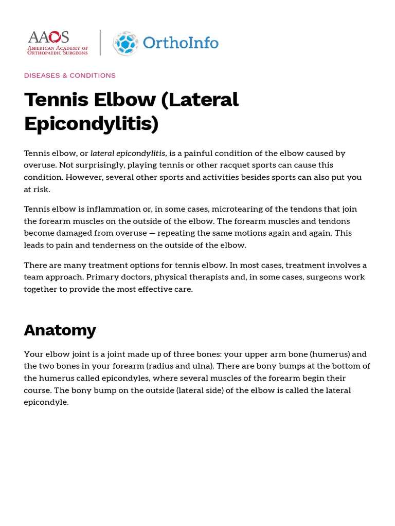Tennis Elbow (Lateral Epicondylitis) - OrthoInfo - AAOS | PDF | Elbow ...