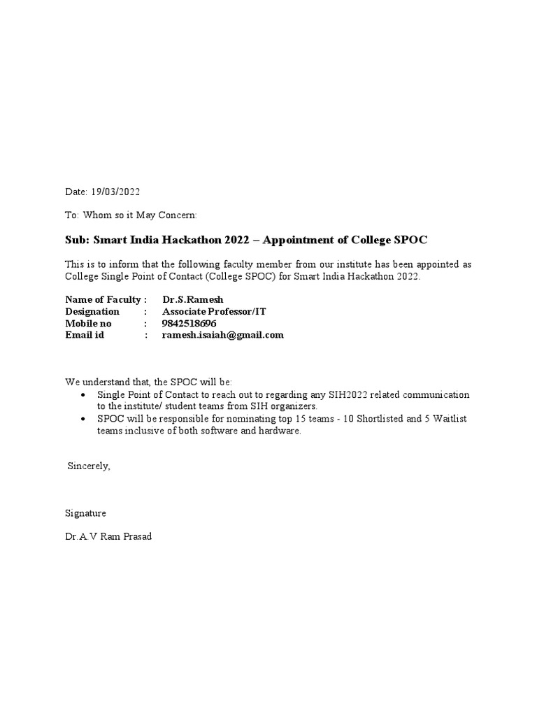 College Consent Letter For SPOCs - SIH2022 | PDF