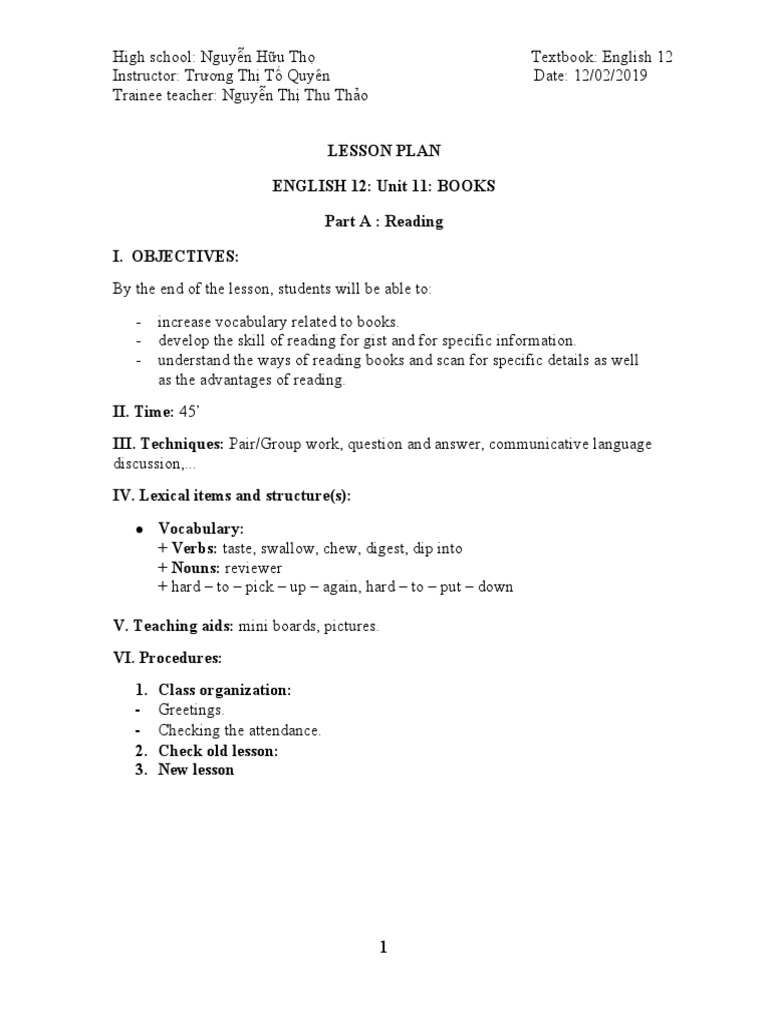 LESSON PLAN U11-Reading-G12 | PDF | Lesson Plan | English Language