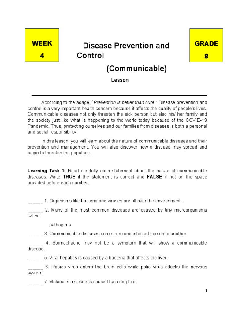 Disease Prevention and Control (Communicable) : Week 4 Grade 8 | PDF ...