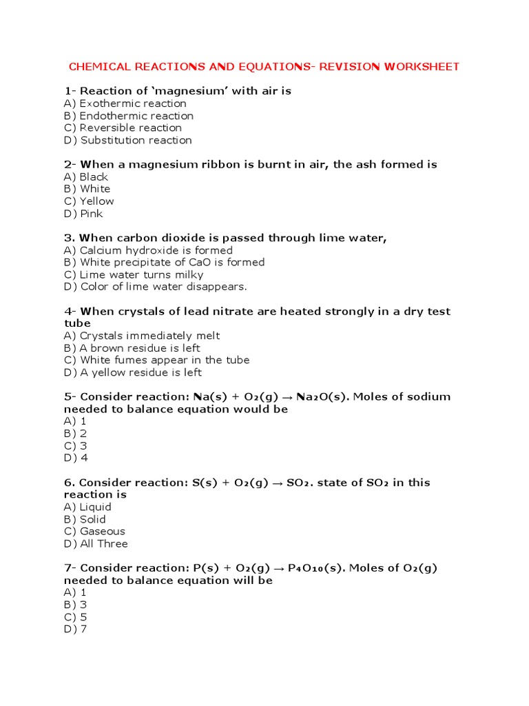 Chemistry Revision Worksheet | PDF | Chemical Reactions | Oxide