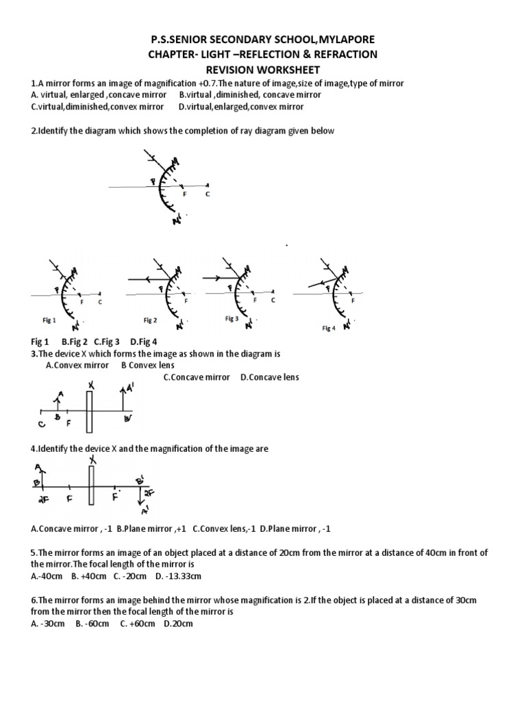 Class 10 - Light Reflection & Refraction-Revision Worksheet | PDF ...
