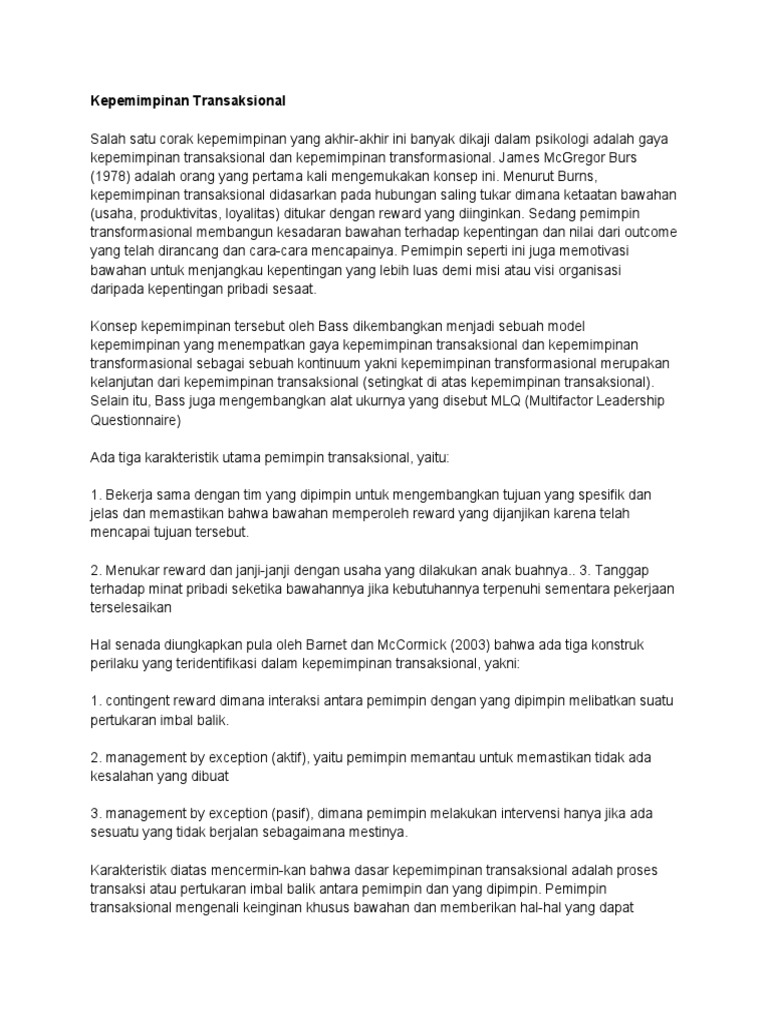 Karakteristik Kepemimpinan Transaksional | PDF