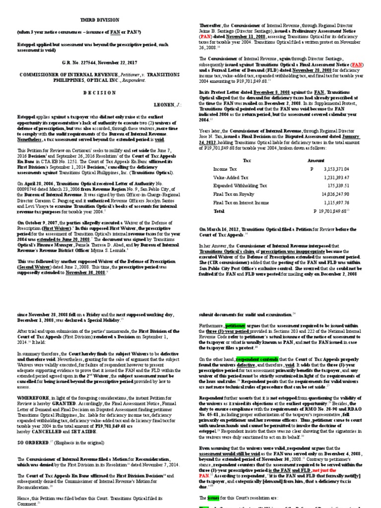 Commissioner of Internal Revenue vs. Transition Optical Philippines ...