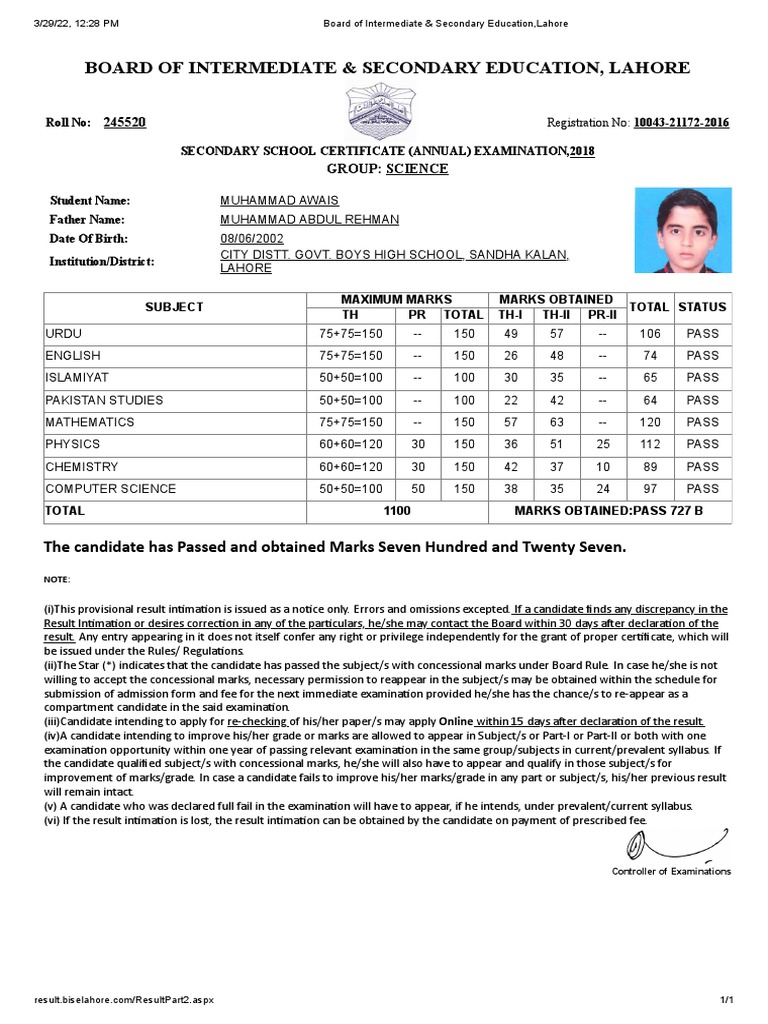 AWAIS Matric Result Card | PDF | Educational Stages