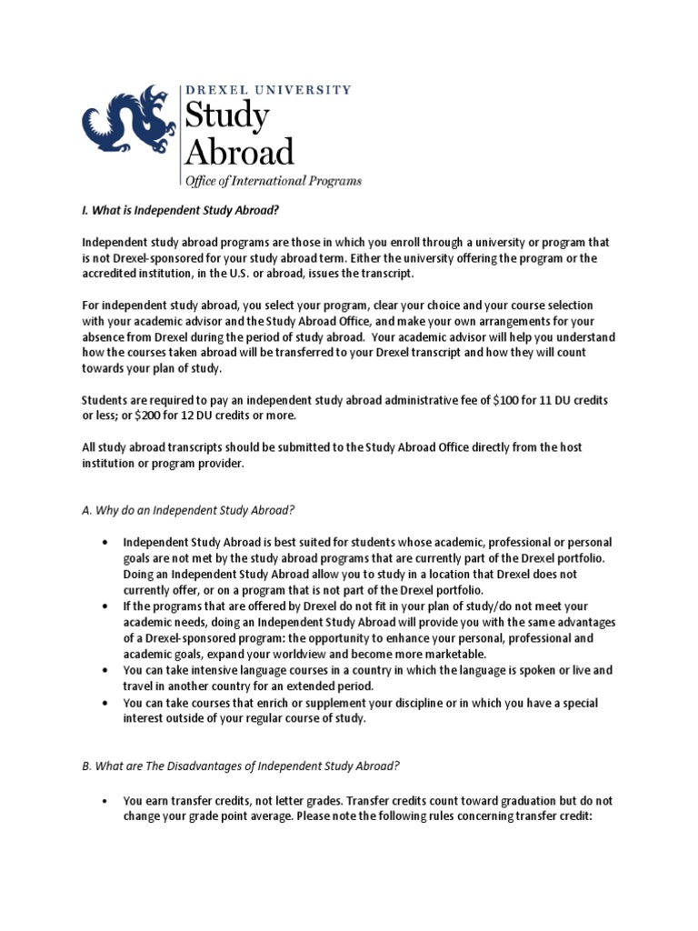 Independent Study Abroad Guide | PDF | International Student | Academic ...