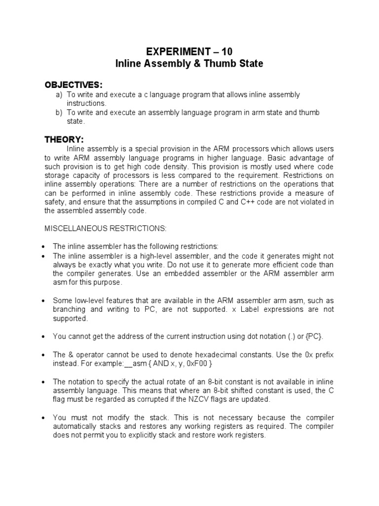 Experiment - 10 Inline Assembly & Thumb State: Objectives | PDF | Arm Architecture | Assembly ...