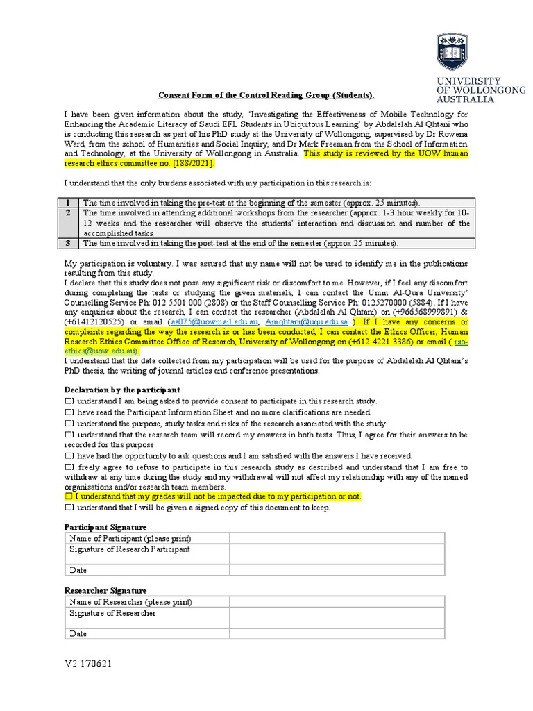 Consent Form, Control Reading (Students) V2 170621 | PDF | Communication
