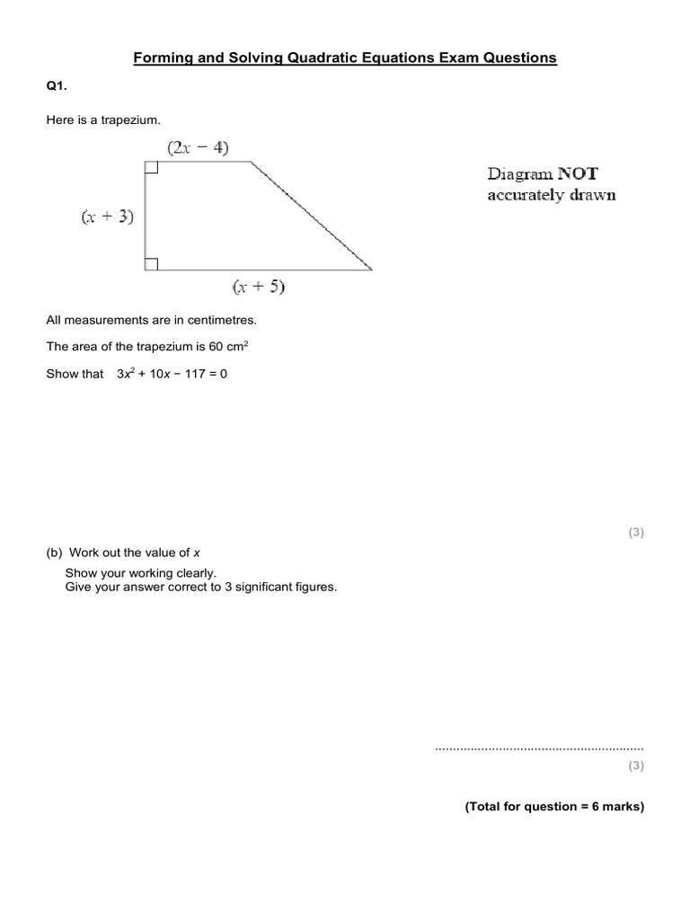 Forming And Solving Quadratic Equations Exam Questions Pdf Area