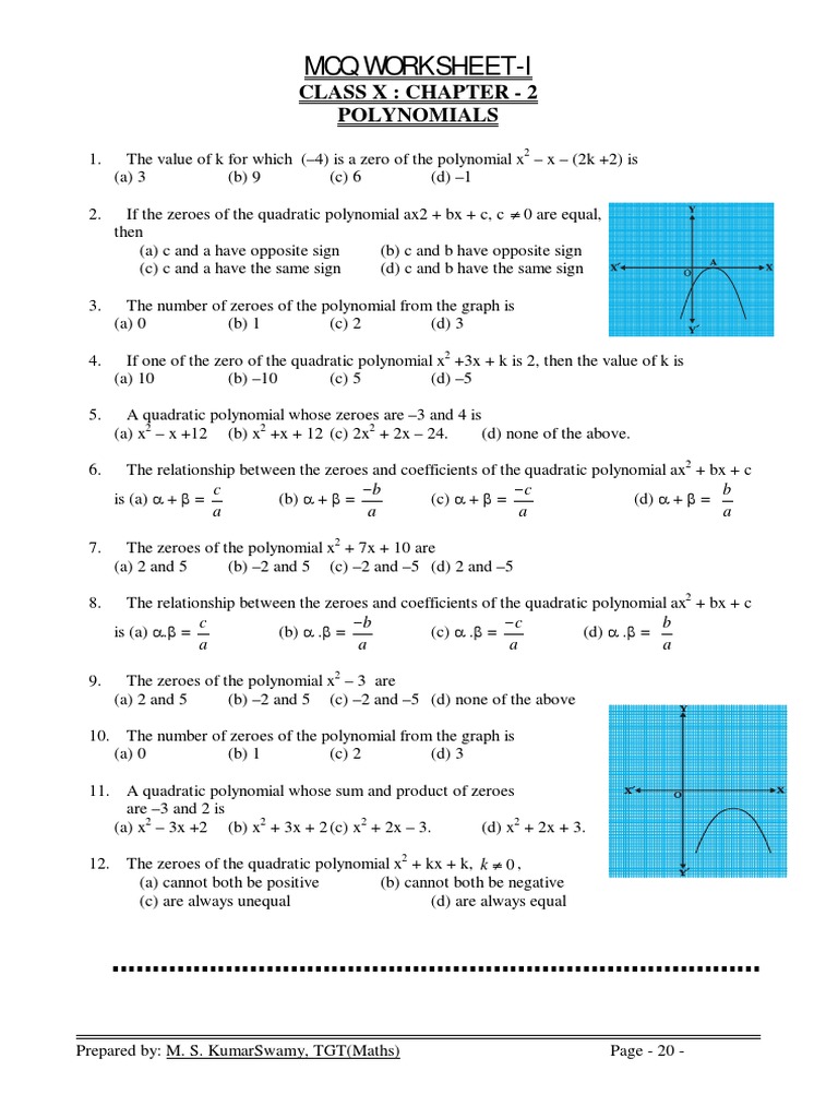 MCQ Worksheet-I: Class X: Chapter - 2 Polynomials | PDF | Quadratic ...