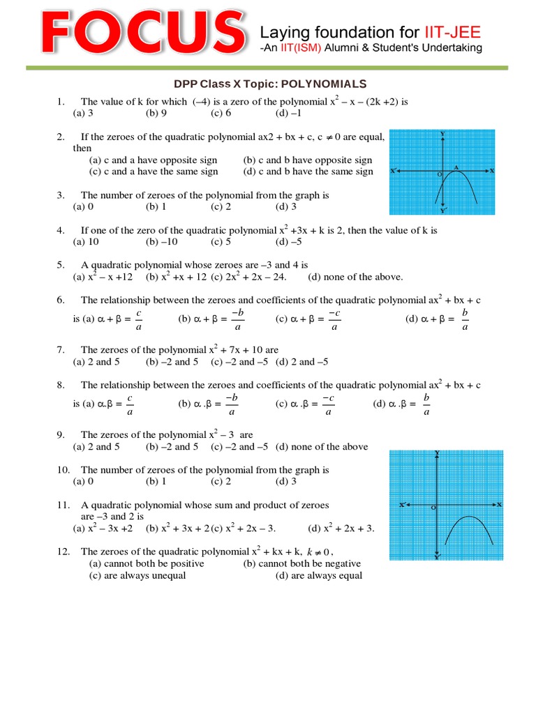 MCQ Worksheet-I: Class X: Chapter - 2 Polynomials | PDF | Quadratic ...
