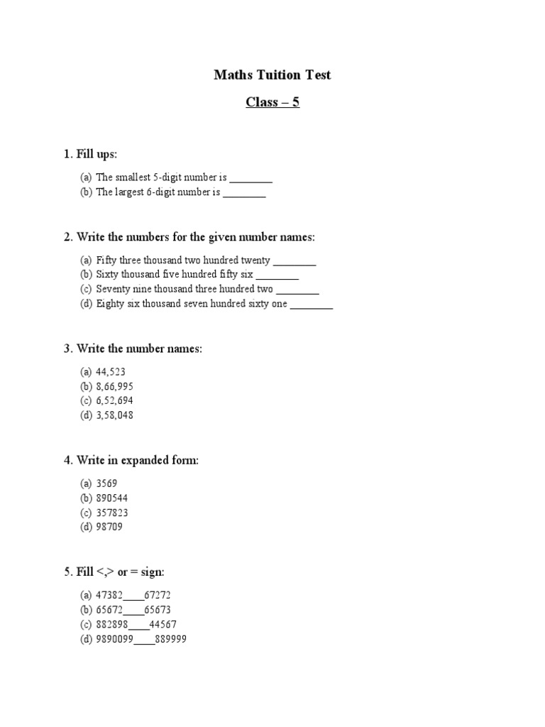 Maths Tuition Test Class - 5: 1. Fill Ups | PDF | Mathematics | Arithmetic