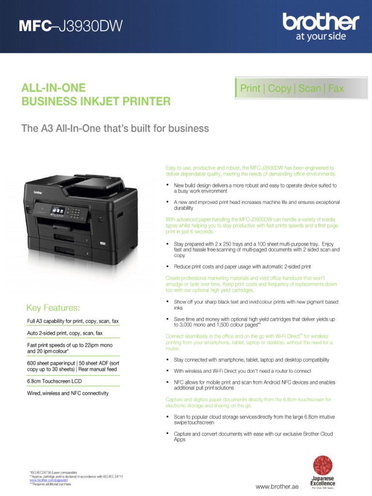 Brother MFC J3930DW Datasheet | PDF | Image Scanner | Fax